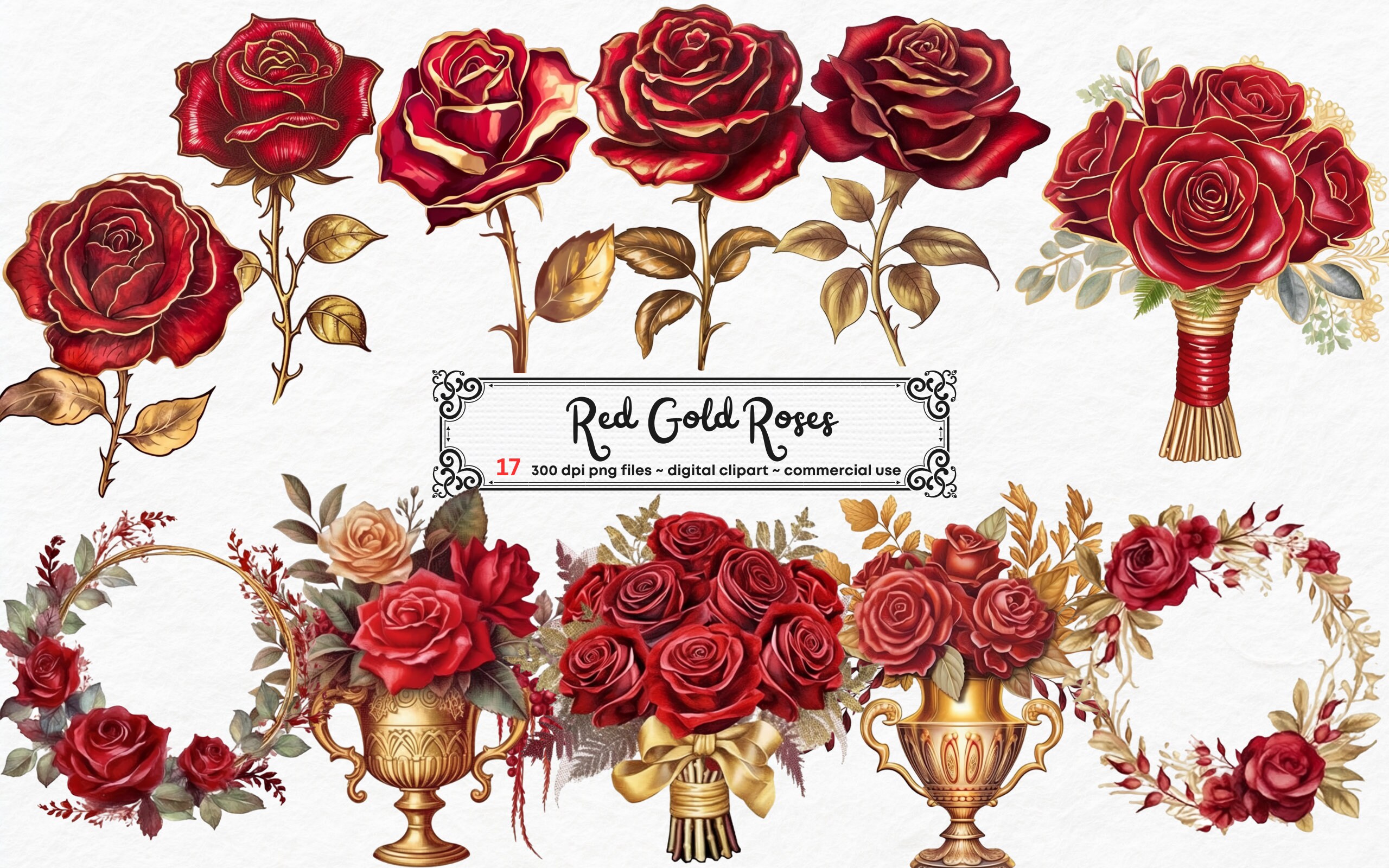 Watercolor Gold Red Roses Clipart Roses in PNG Format Instant Download ...