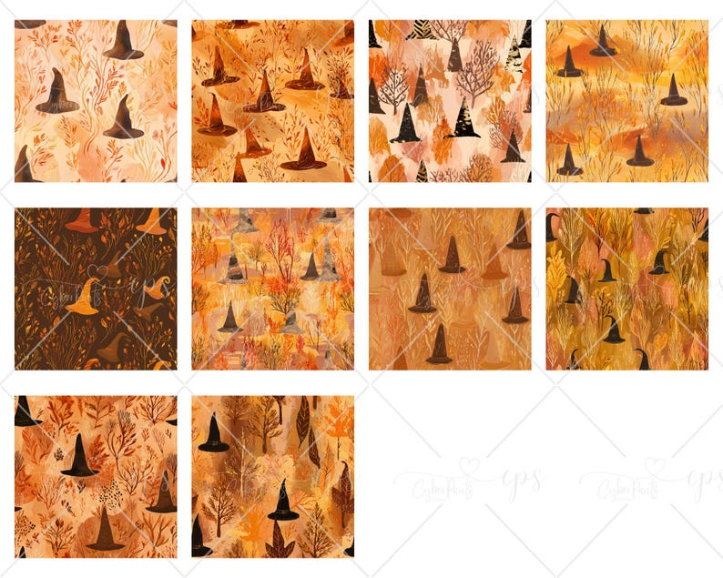 Autumn Witch Hat Digital Paper Bundle – 50 Seamless Halloween Forest ...