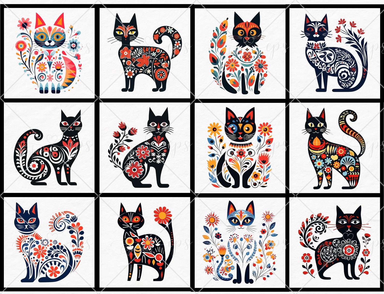 Vibrant Catclipart, Colorful Cat PNG, Detailed Cat, Floral Kitten PNG ...