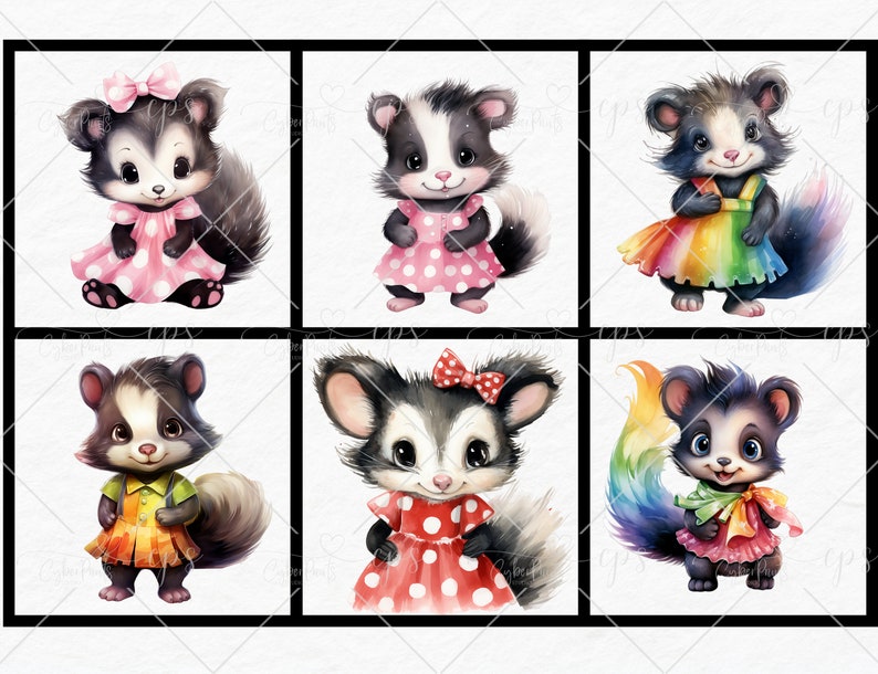 Cute Skunk Watercolor Clipart Skunk Flowers PNG Commercial Use Forest ...