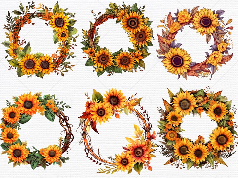Watercolor Sunflower Wreaths Clipart Floral Frames - Etsy