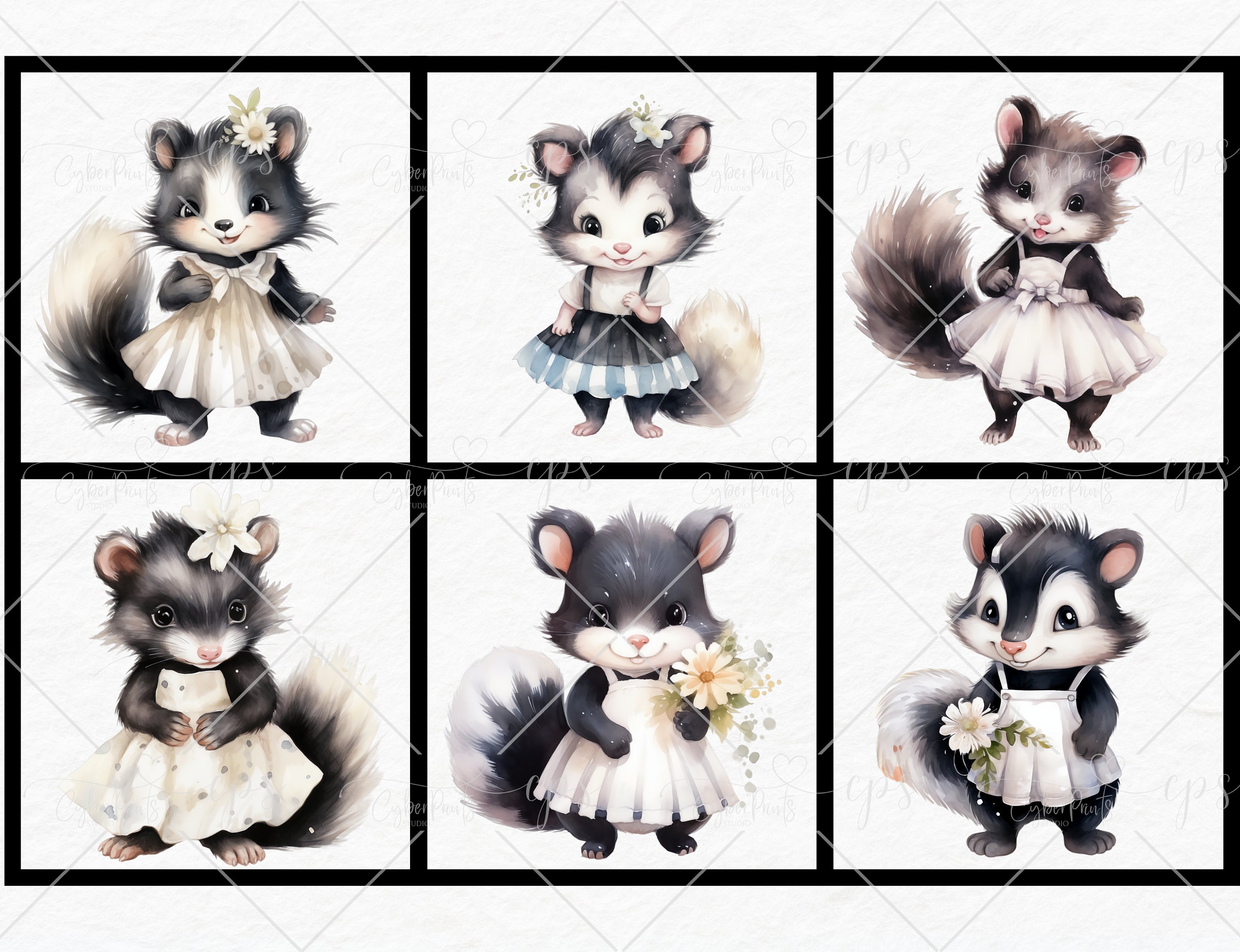 Cute Skunk Watercolor Clipart Skunk Flowers PNG Commercial Use Forest ...