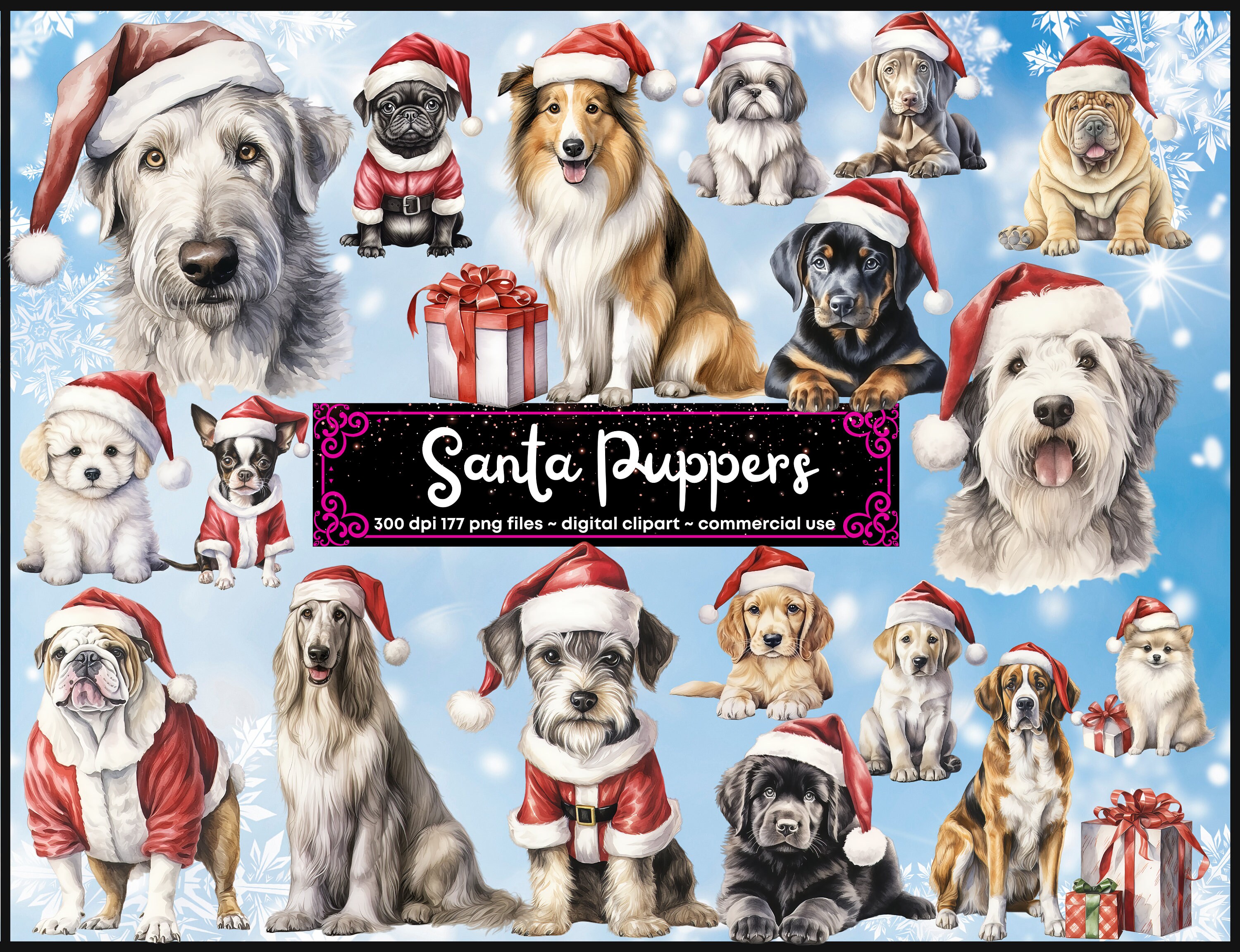 Christmas Dog Clipart, Watercolor Dog Clipart, Santa Clipart, Dog ...