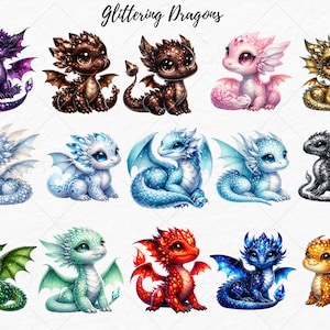 Glittering Baby Dragons Clipart Bundle - Fantasy Illustrations, Cute ...