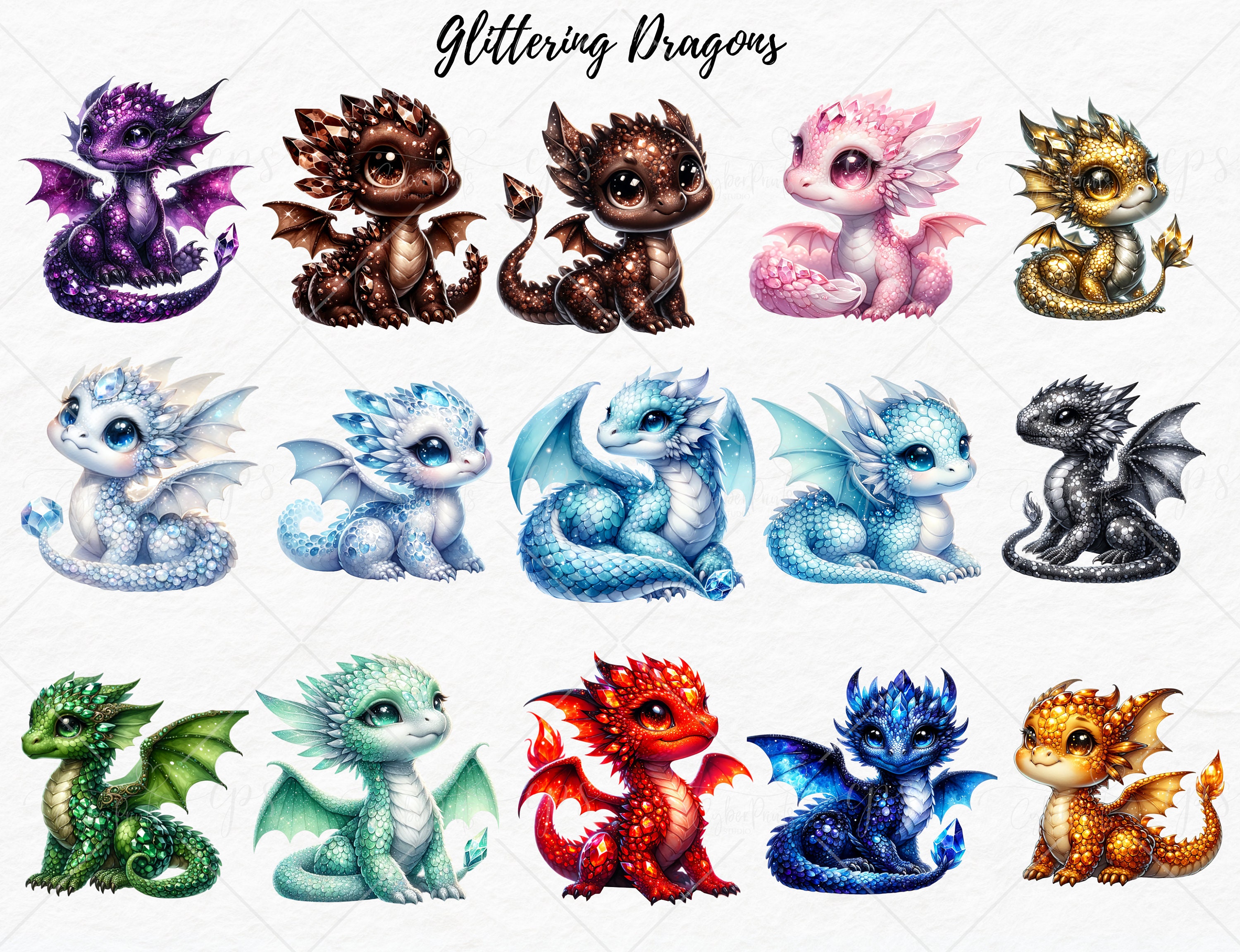 Glittering Baby Dragons Clipart Bundle - Fantasy Illustrations, Cute ...