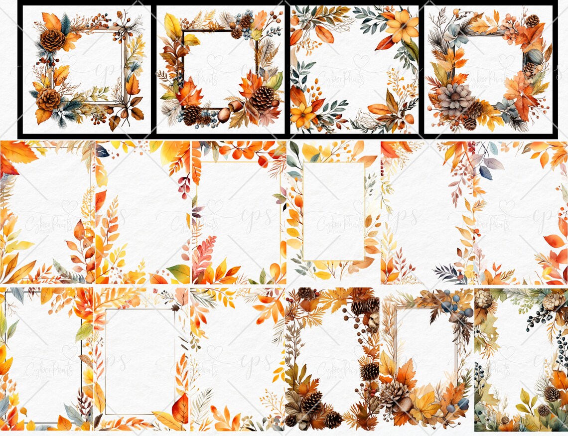 Autumn Frames Watercolor Clipart Bundle PNG Fall Flowers Frame - Etsy