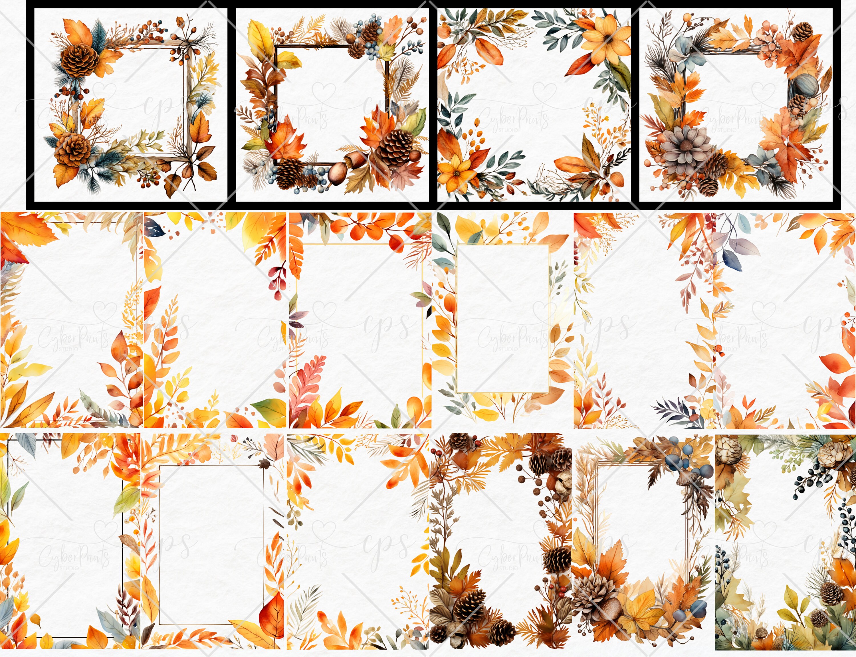 Autumn Frames Watercolor Clipart Bundle PNG Fall Flowers Frame Images ...