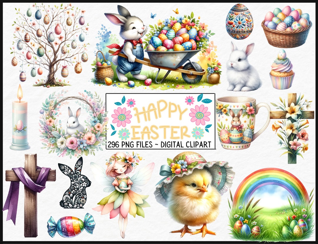 Easter Watercolor Clipart Bundle, PNG Easter Bunny Images, Cute Spring ...