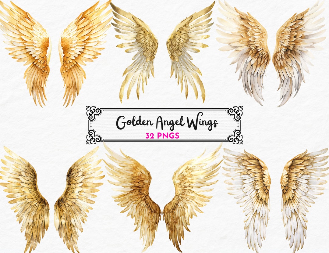 Golden Angel Wings Clipart, Watercolor Clipart, Feather Wings Png ...