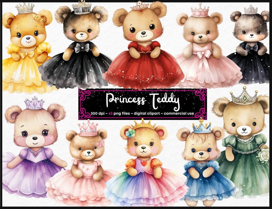 Watercolor Princess Teddy Bear, Teddy With Crown, Cute Dress, Fantasy ...
