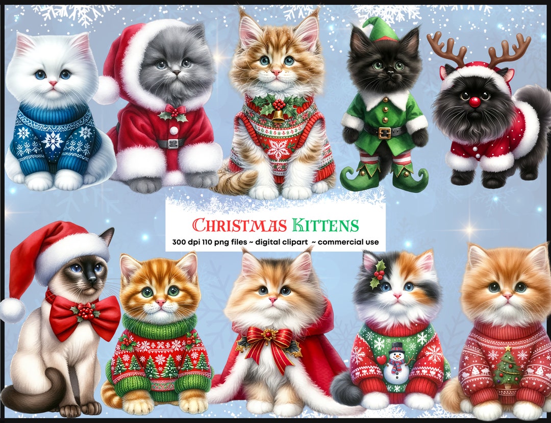 Christmas Kittens in Outfits, Cute Watercolor Cat Clipart, Holiday ...