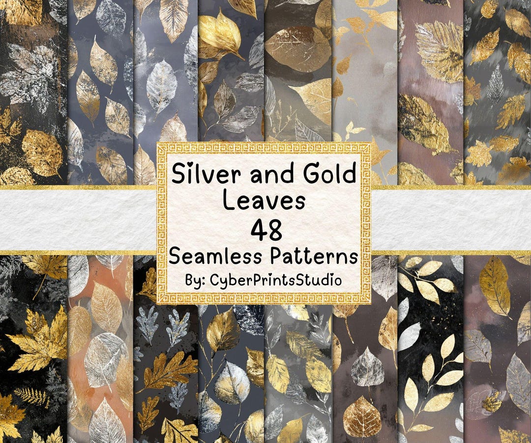 Silver and Gold Leaf Digital Paper Bundle, Metallic Autumn Leaves ...