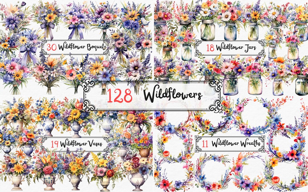 Watercolor Wildflower Clipart - Wildflowers in PNG Format Instant ...