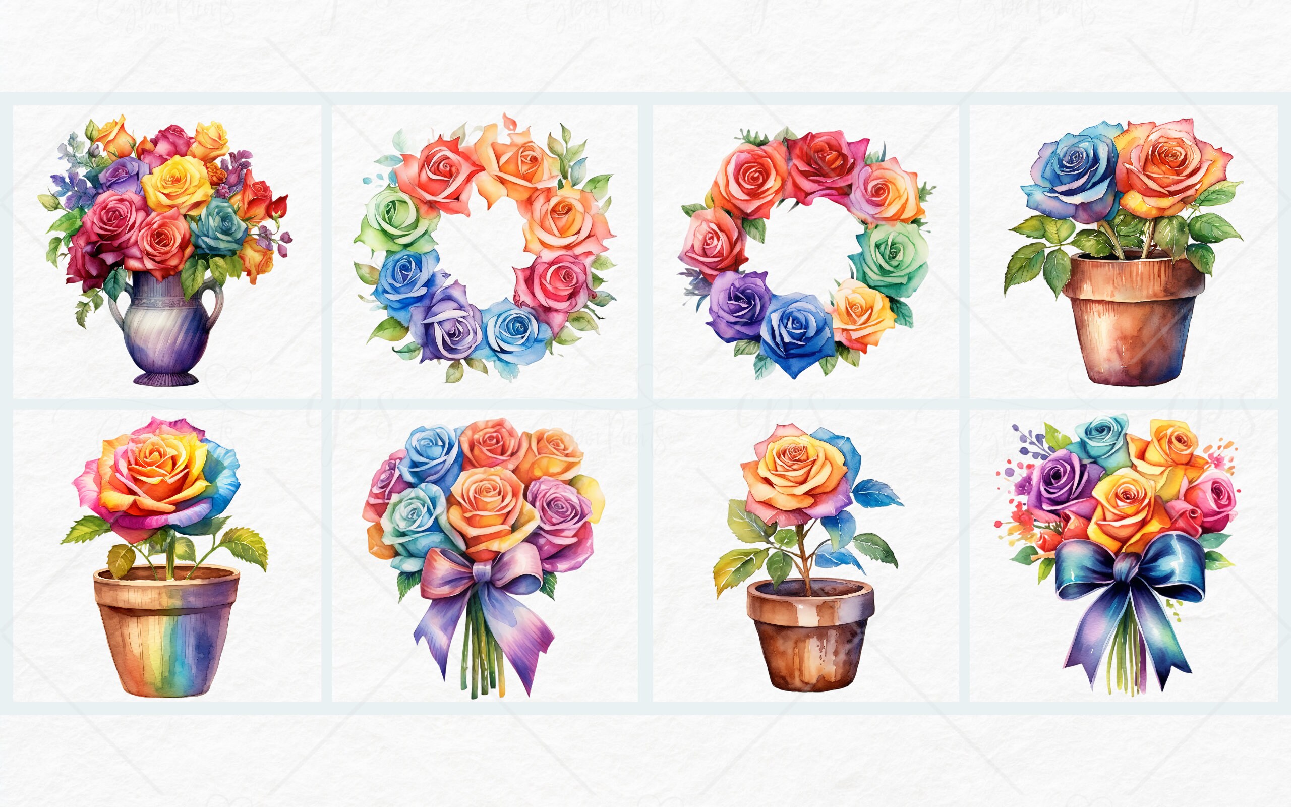 Watercolor Rainbow Roses Clipart Roses in PNG Format Instant Download ...
