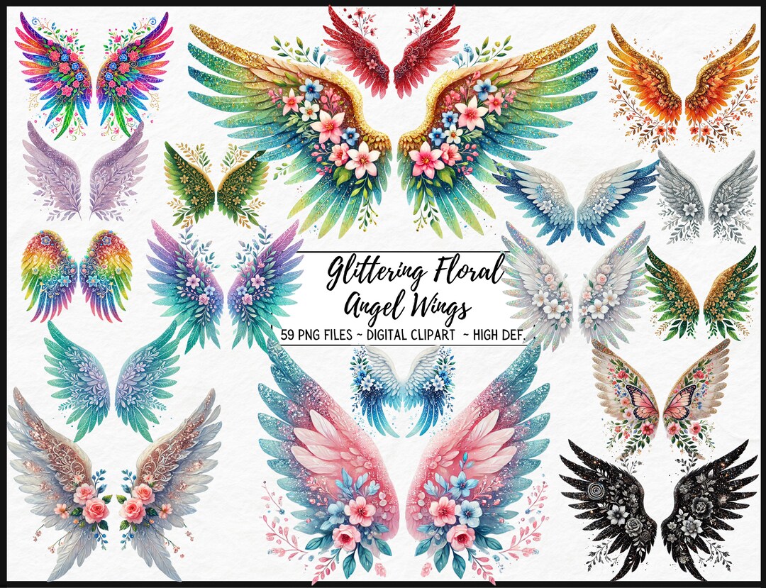 Glittering Floral Angel Wings Clipart, Glitter Watercolor Clipart ...