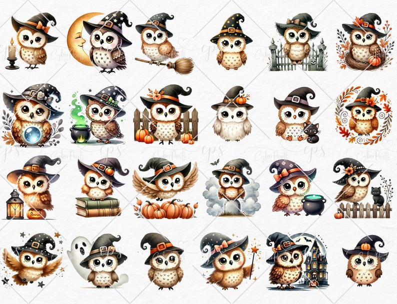 Witch Owls Clipart, Halloween Owl Art, Cute Owl, Fall Digital Art ...