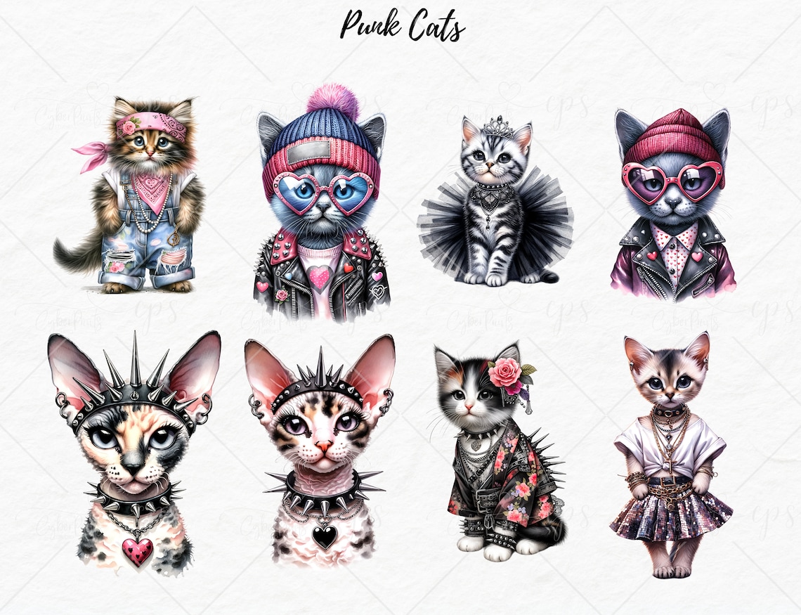 Gothic Punk Rocker Cat Illustrations, Mohawk Kitten, Clipart, Clip Art ...