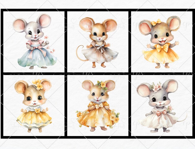 Watercolor Cute Mouse in Dress Clipart, Cartoon PNG, Mouse Clip Art ...