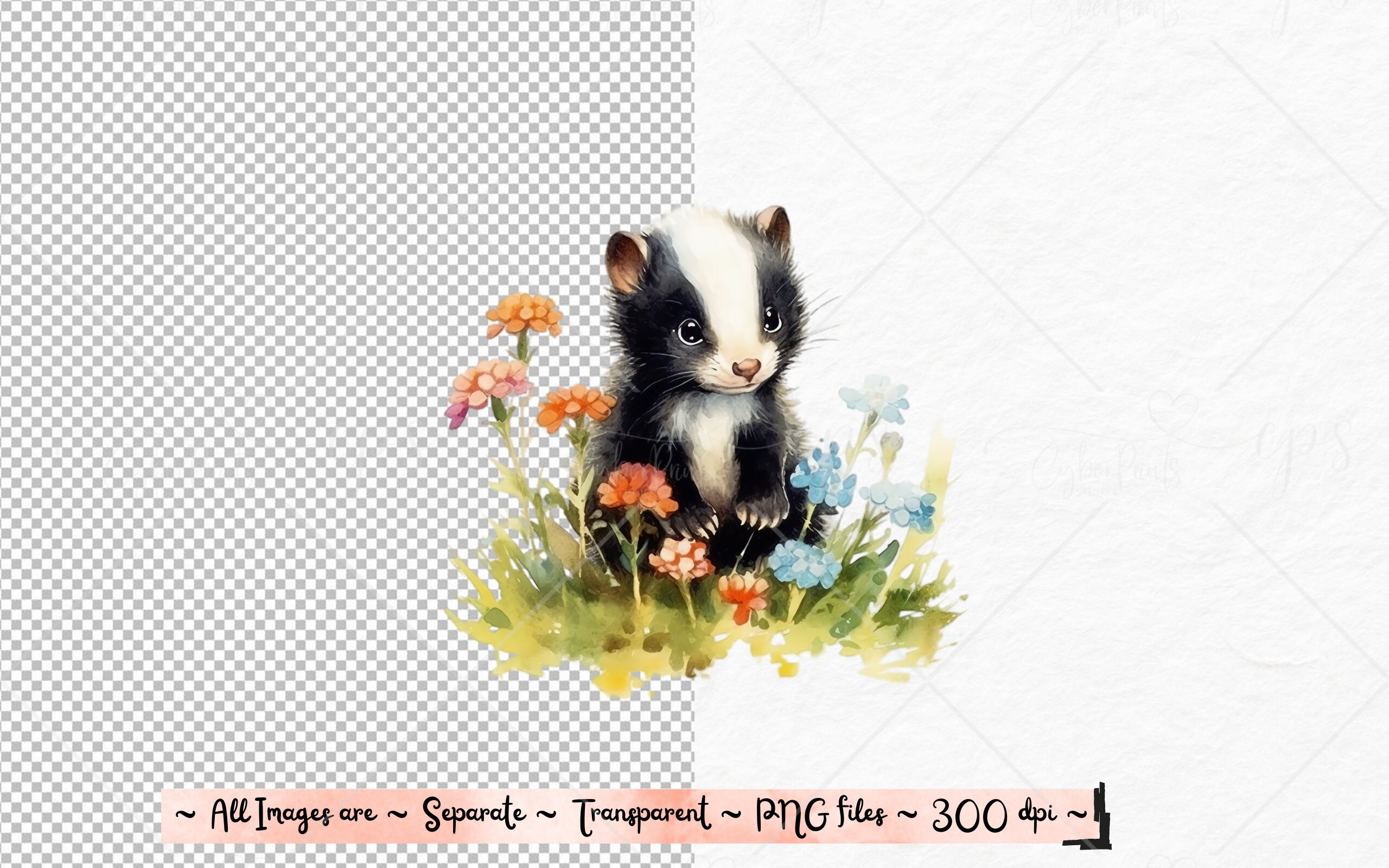 Cute Skunk Watercolor Clipart Skunk Flowers PNG Commercial Use - Etsy