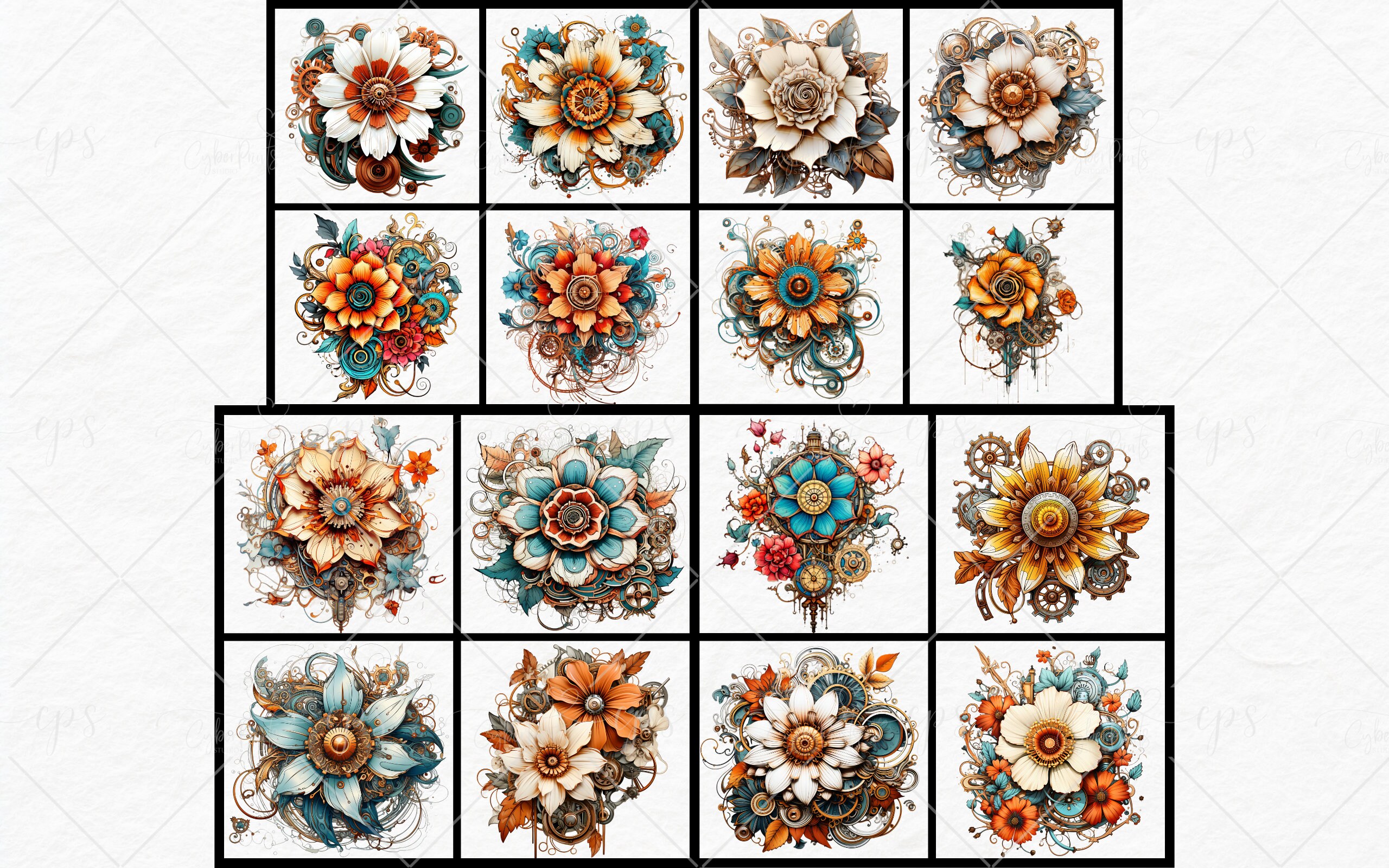 Steampunk Flower Clipart, Steampunk Printables, Junk Journal, Steampunk ...