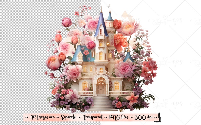 Watercolor Floral Fantasy Castles Clipart - Fantasy Castle Night ...