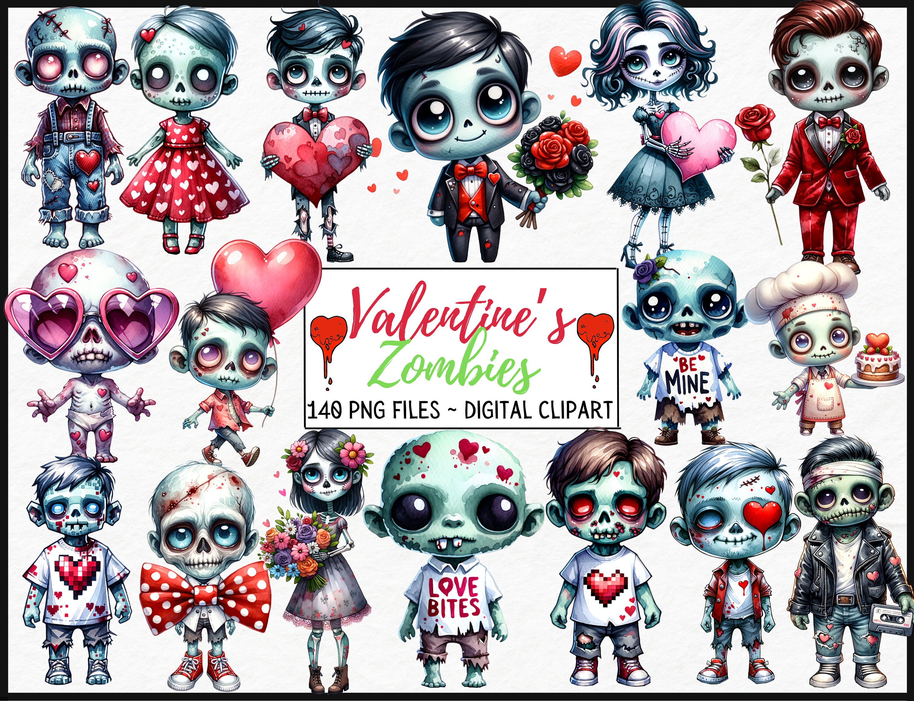 Valentine's Day Zombie Love Clipart, PNG Zombie Printables, Junk ...