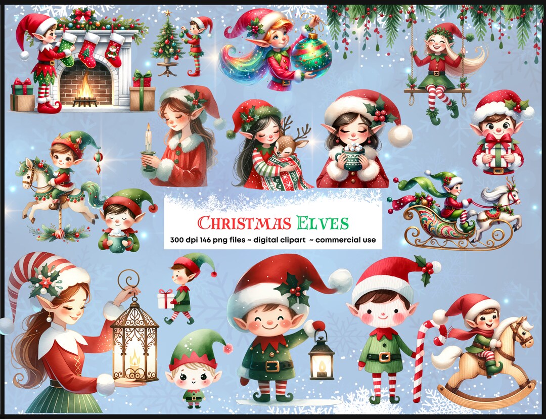 BIG BUNDLE Christmas Elves Watercolor Clipart, Festive Elf Christmas ...