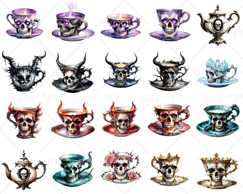 Gothic Skull Tea Clipart Bundle - 79 Watercolor Pngs of Skulls, Teacups ...