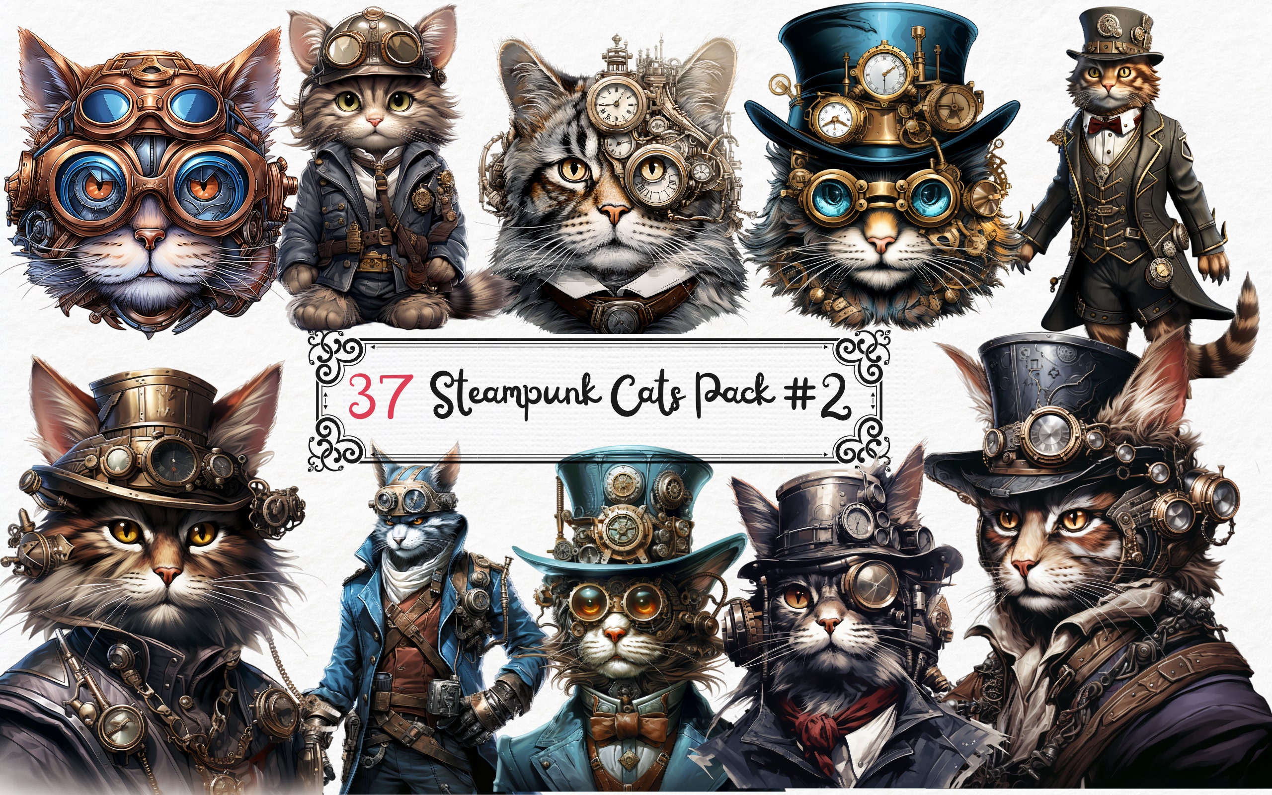 Steampunk Cats Clipart, 37 PNG Steampunk Printables, Junk Journal ...