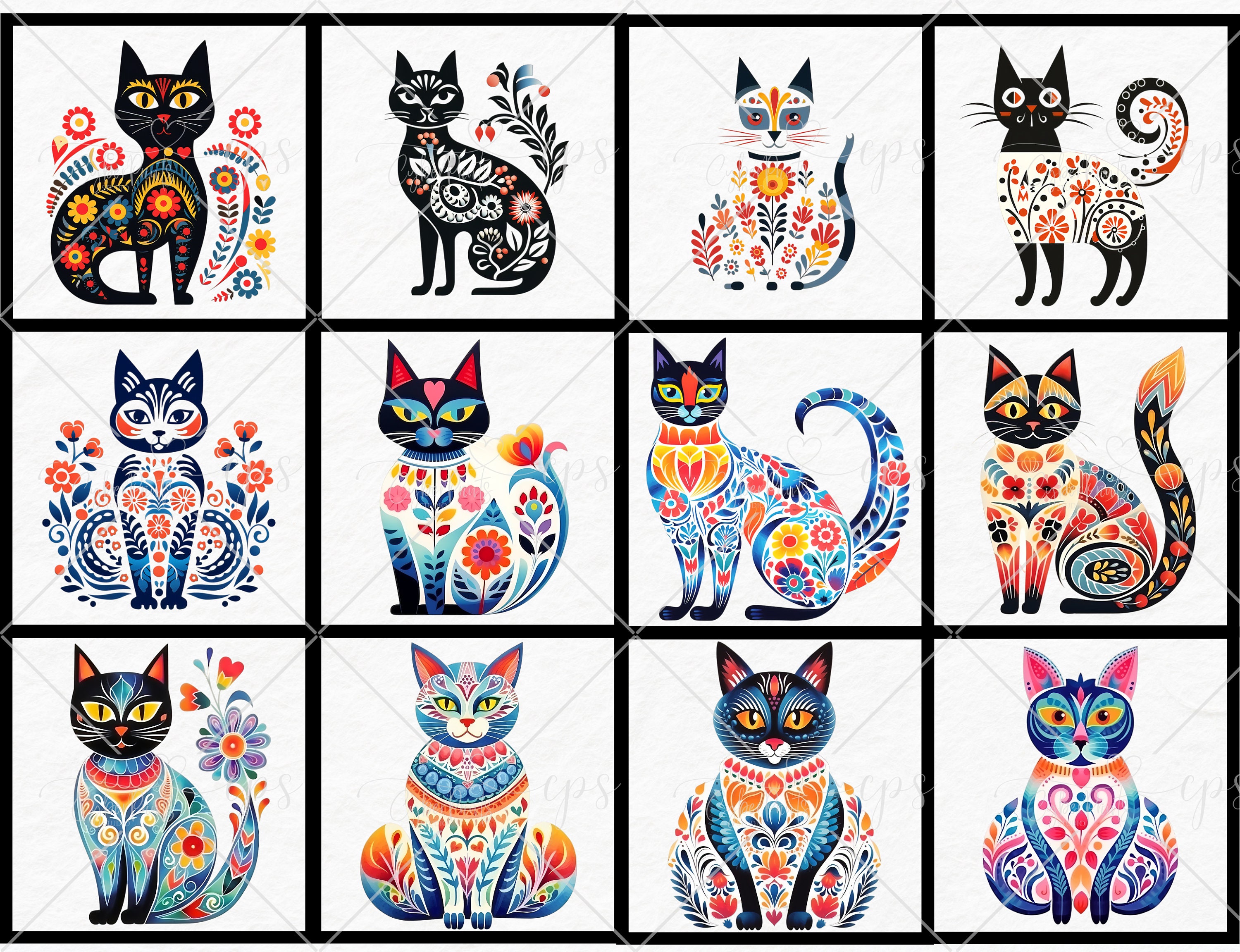 Vibrant Catclipart, Colorful Cat PNG, Detailed Cat, Floral Kitten PNG ...