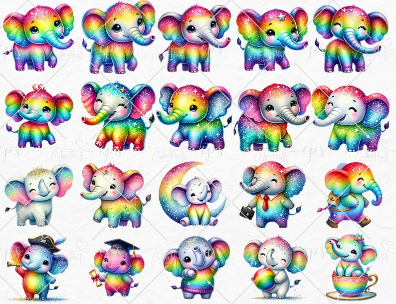 Rainbow Elephant Clipart - Cute Watercolor Elephants PNG - Digital ...