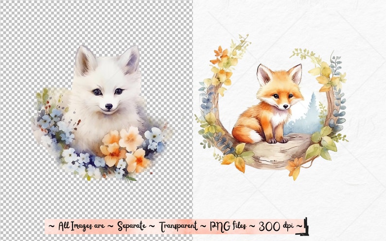 Watercolor Fox Clipart, Baby Fox Painted Foxes Clipart, Woodland Animal ...