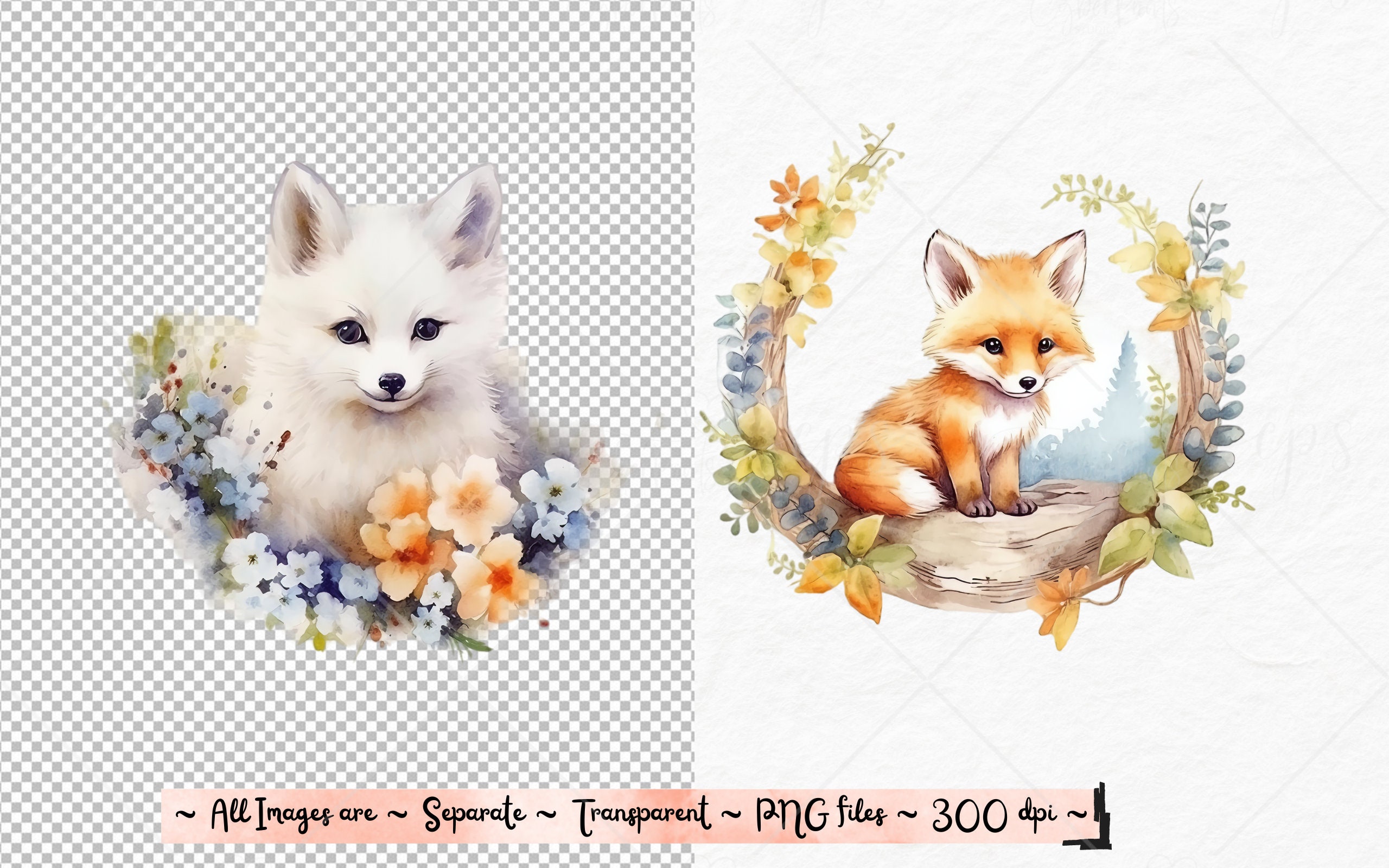 Watercolor Fox Clipart, Baby Fox Painted Foxes Clipart, Woodland Animal ...