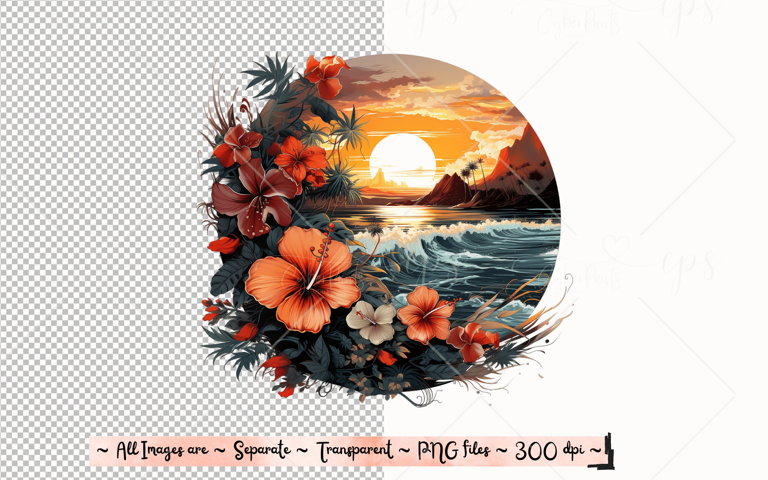 Watercolor Tropical Sunsets Clipart Wall Art, Digital Graphics, Beach ...
