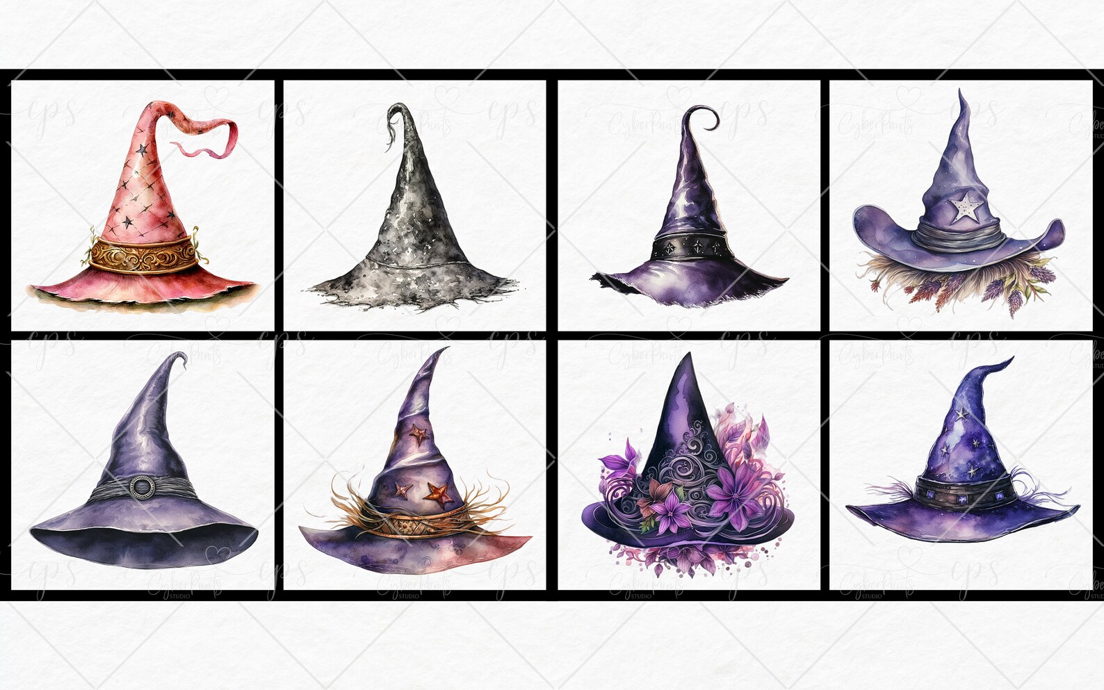 Witch Hat Clipart PNG, Watercolor Clip Art Bundle, Junk Journal, Paper ...