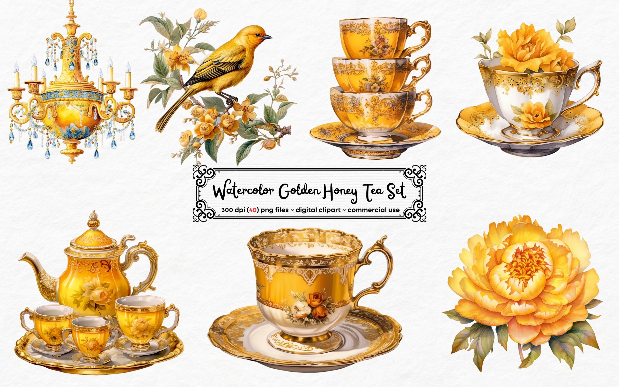 Watercolor Gold Tea Clipart, Honey Gold Tea Cups, Garden Tea Clip Art ...