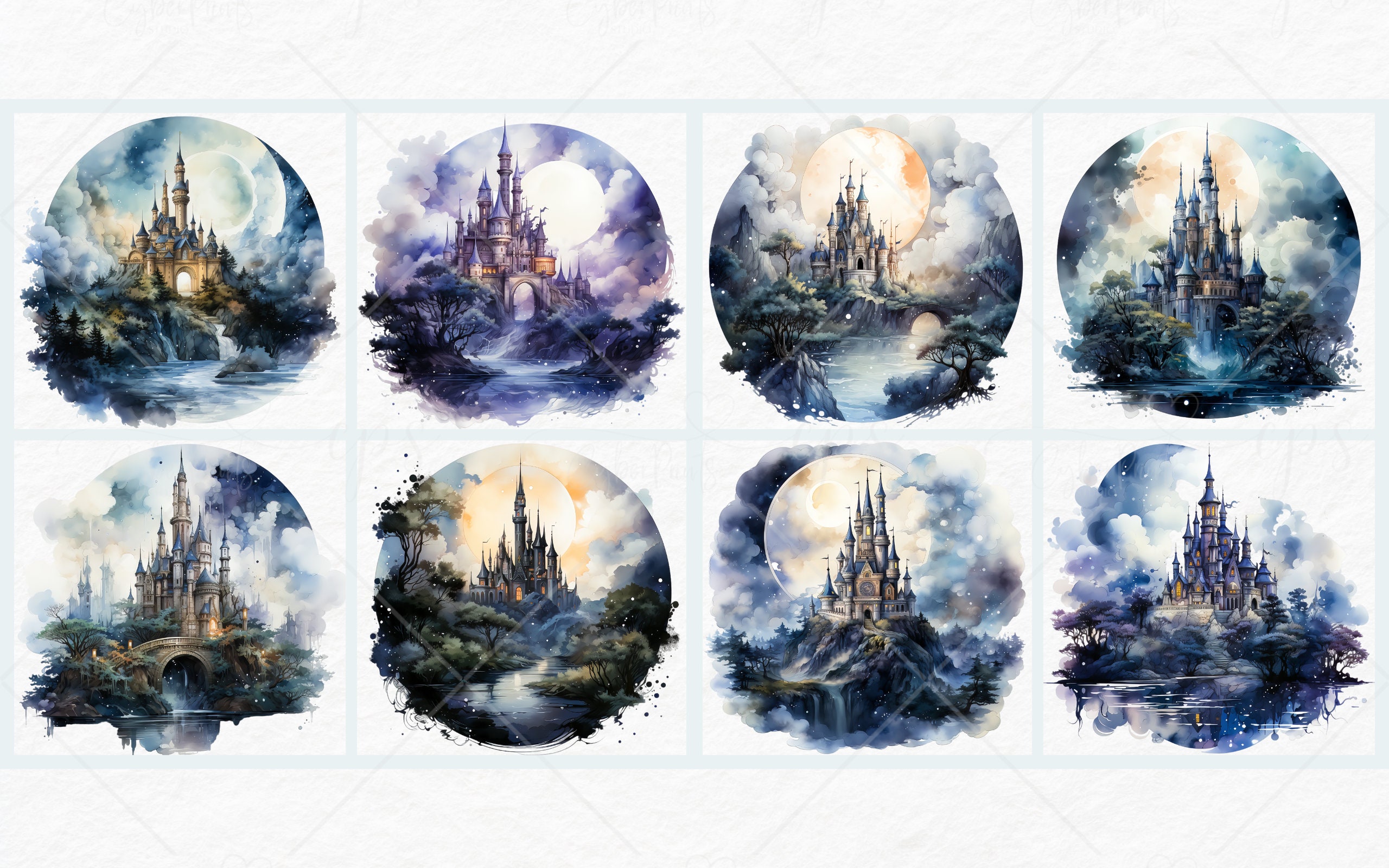 Watercolor Fantasy Castles Clipart Fantasy Castle Night - Etsy
