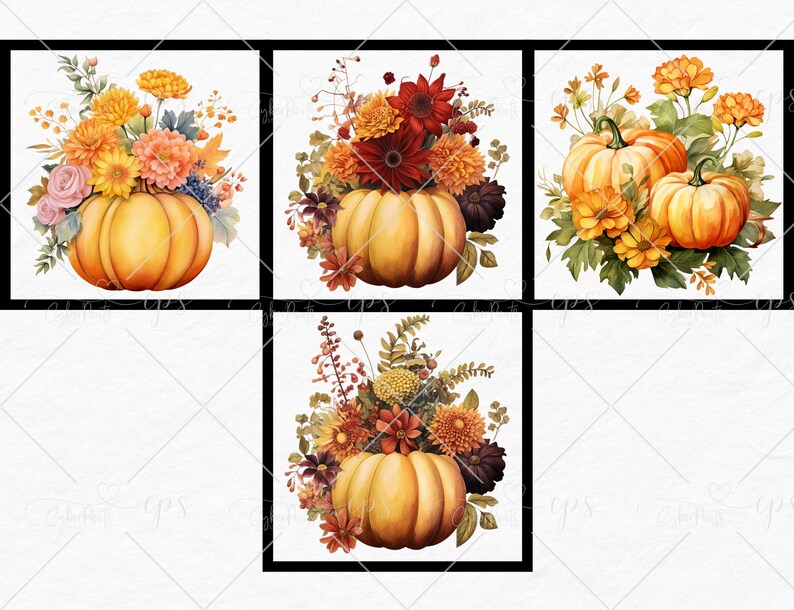 Watercolor Floral Pumpkin Bouquets Clipart - Autumn Watercolor in PNG ...