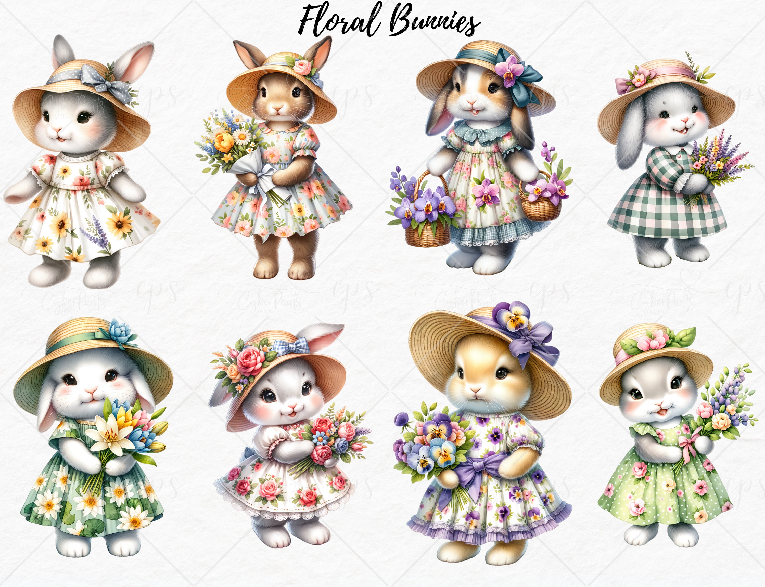 Floral Bunnies in Dresses, Watercolor Clipart Png, Rabbit, Bunny Png ...