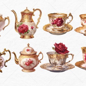 Watercolor Rose Tea Clipart, Rose Tea Cups, Garden Tea Clip Art PNG ...