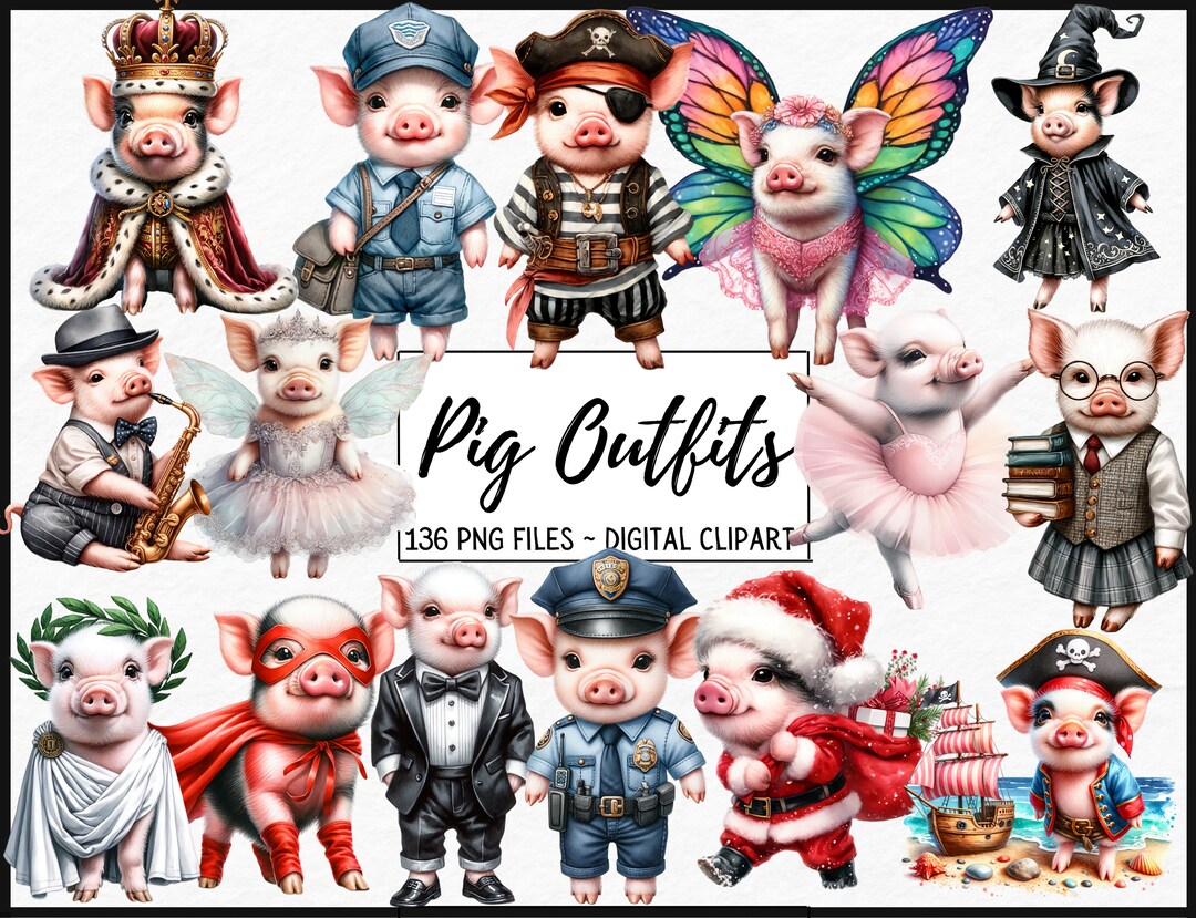 Pigs Watercolor Clipart Bundle - 136 PNG Cute Pig Images, Outfits ...