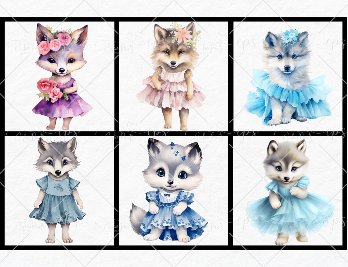 Watercolor Cute Wolf in Dress Clipart, Cartoon PNG, Wolves Clip Art ...
