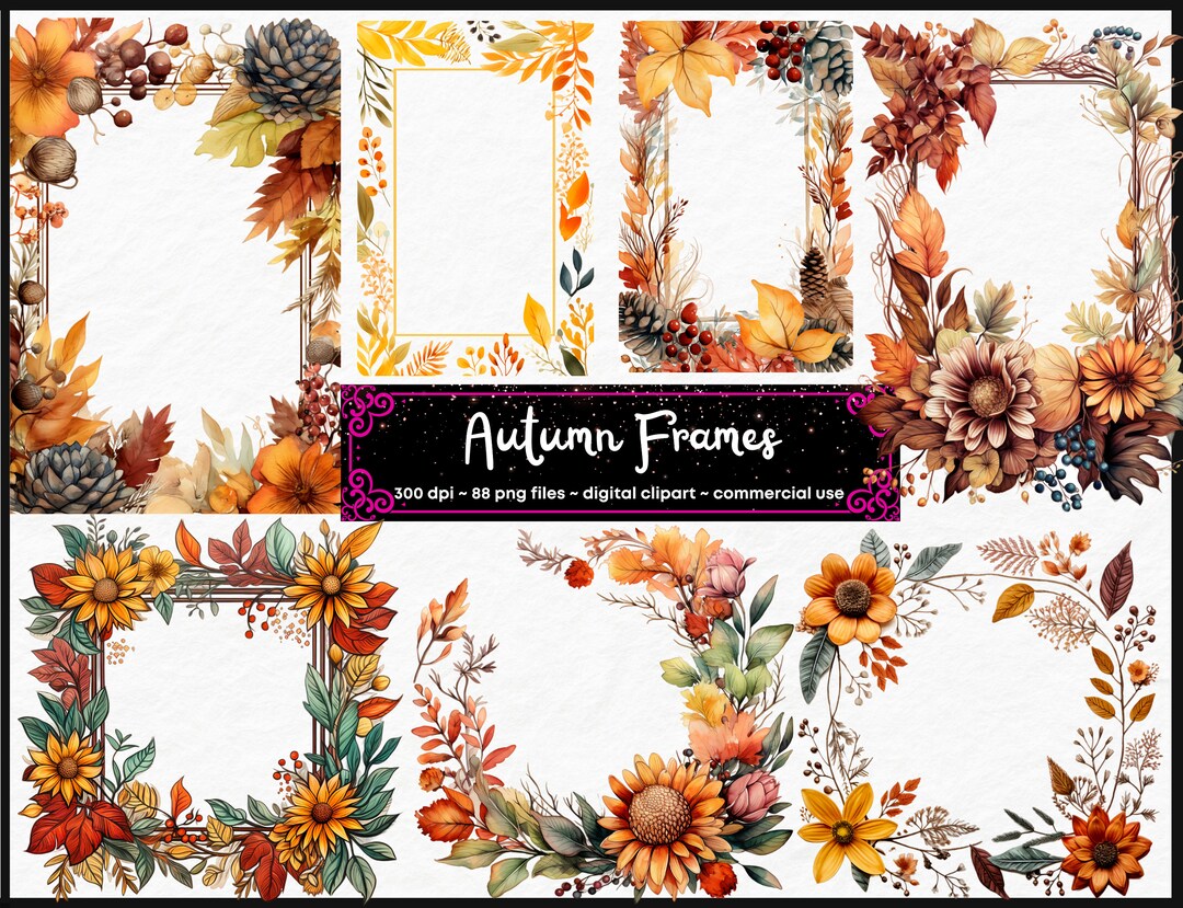 Autumn Frames Watercolor Clipart Bundle PNG Fall Flowers Frame Images ...