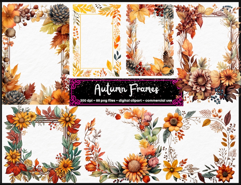 Autumn Frames Watercolor Clipart Bundle PNG Fall Flowers Frame - Etsy