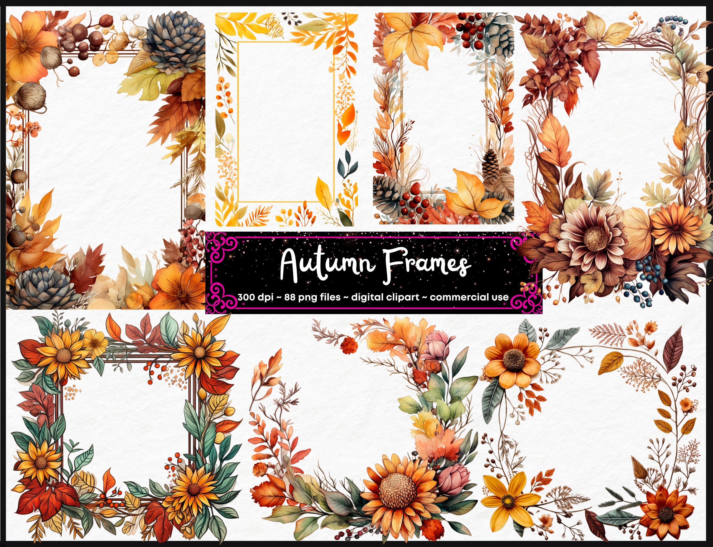 Autumn Frames Watercolor Clipart Bundle PNG Fall Flowers Frame - Etsy