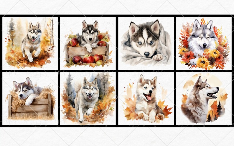 Watercolor Husky in Autumn, Autumn Husky, Fall Husky, Husky Halloween ...