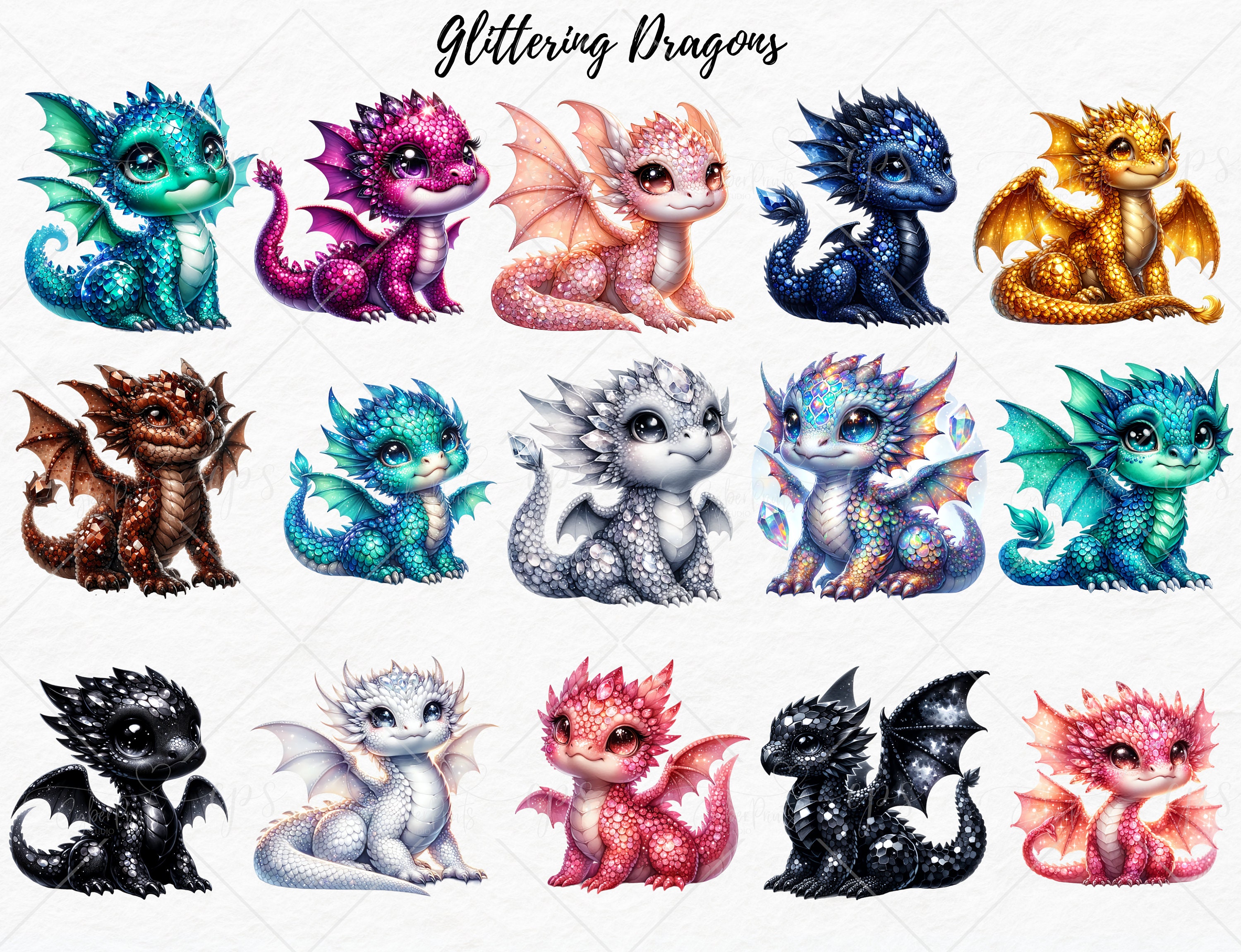 Glittering Baby Dragons Clipart Bundle Fantasy Illustrations, Cute ...