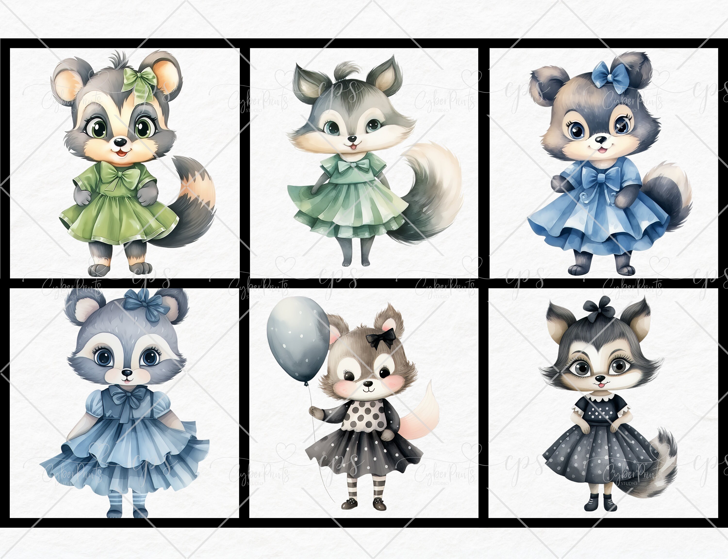 Watercolor Raccoon Clipart, Cute Animal Bundle, Raccoon in a Dreess ...