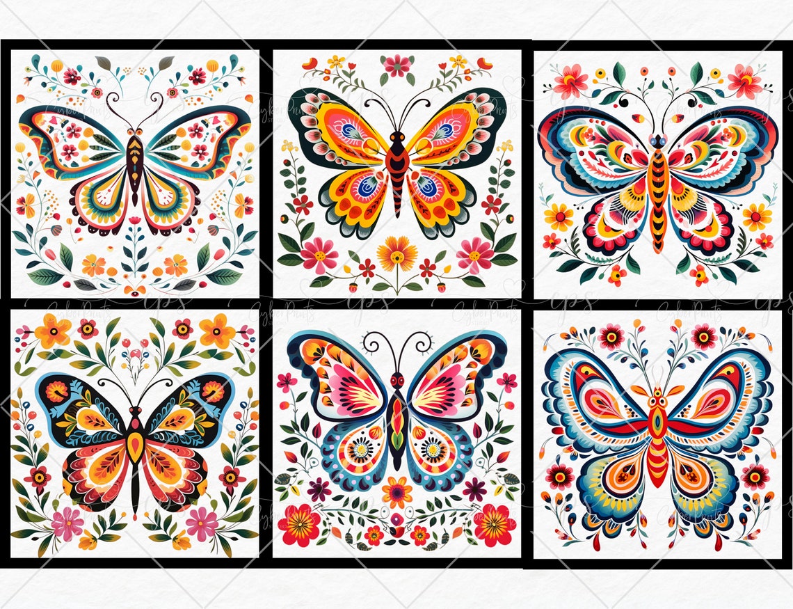 Folk Art Butterfly Clipart Colorful PNG Detailed Floral - Etsy