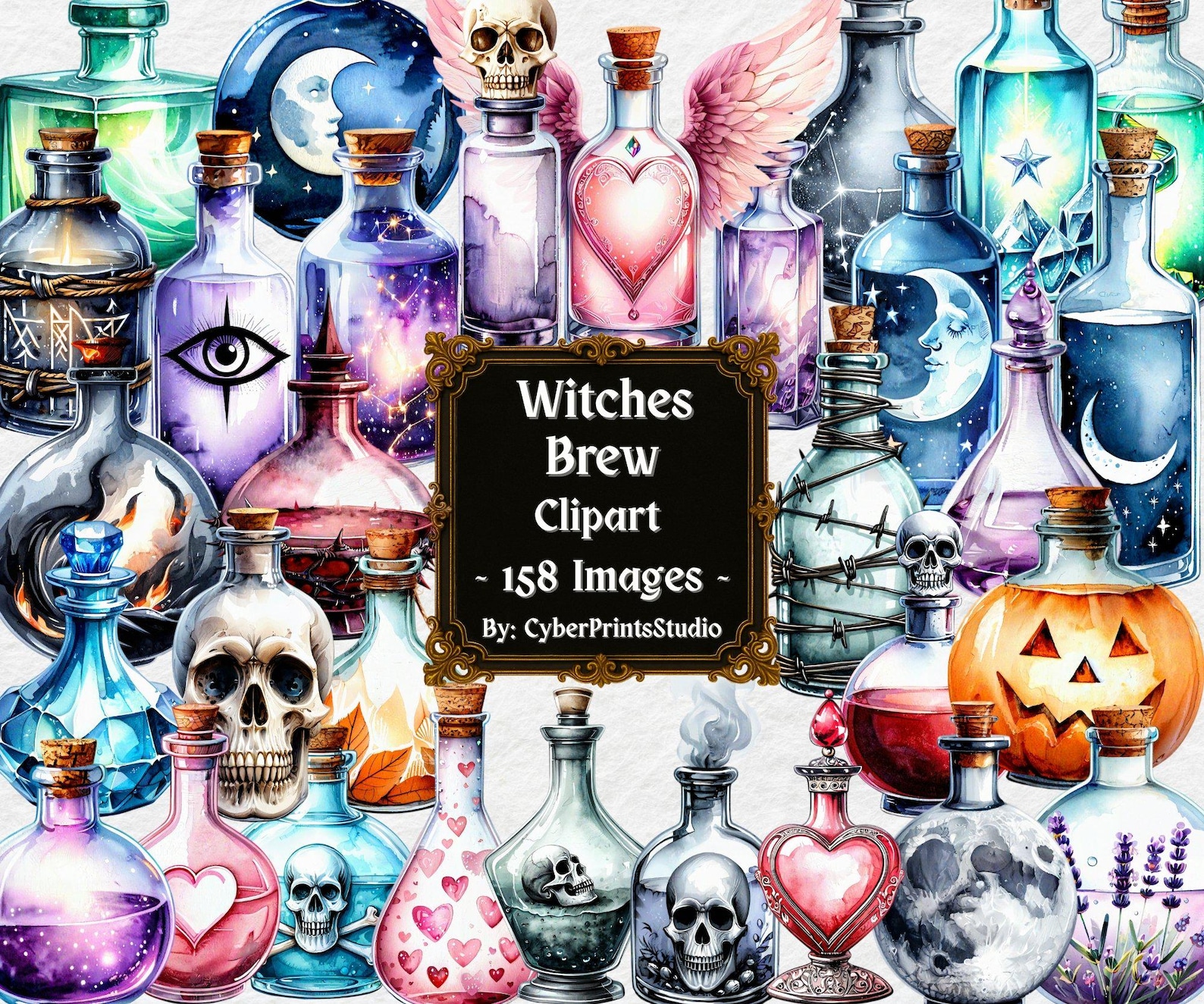 Witches Brew Watercolor Clipart Bundle - 158 Potion Bottle Pngs, Gothic ...